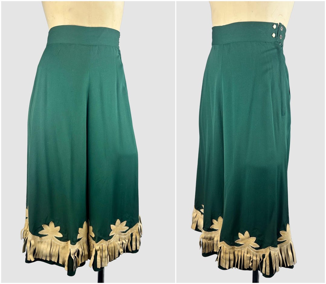 BEST WESTERN Vintage 40s Leather Fringe Gabardine Gauchos | 1940s Green ...