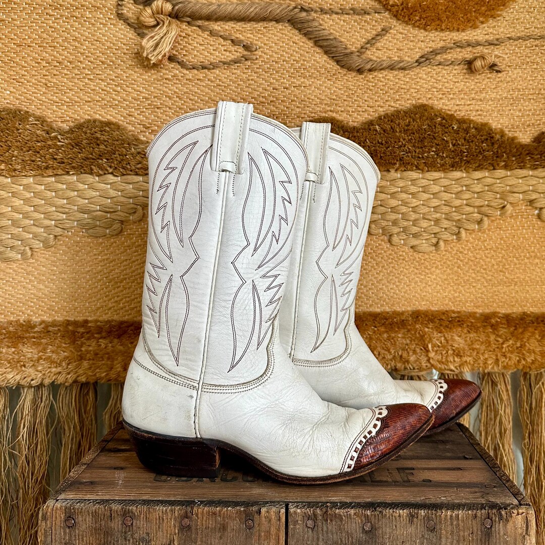 VINTAGE NOCONA TEXAS 1960s Leather Western Boots | 60s White Cowgirl ...