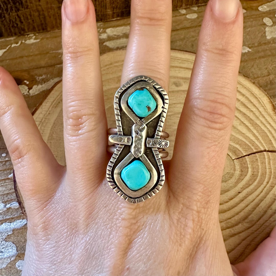 VINTAGE NAVAJO 60s/70s Turquoise & Silver Double Decker Ring | Large ...