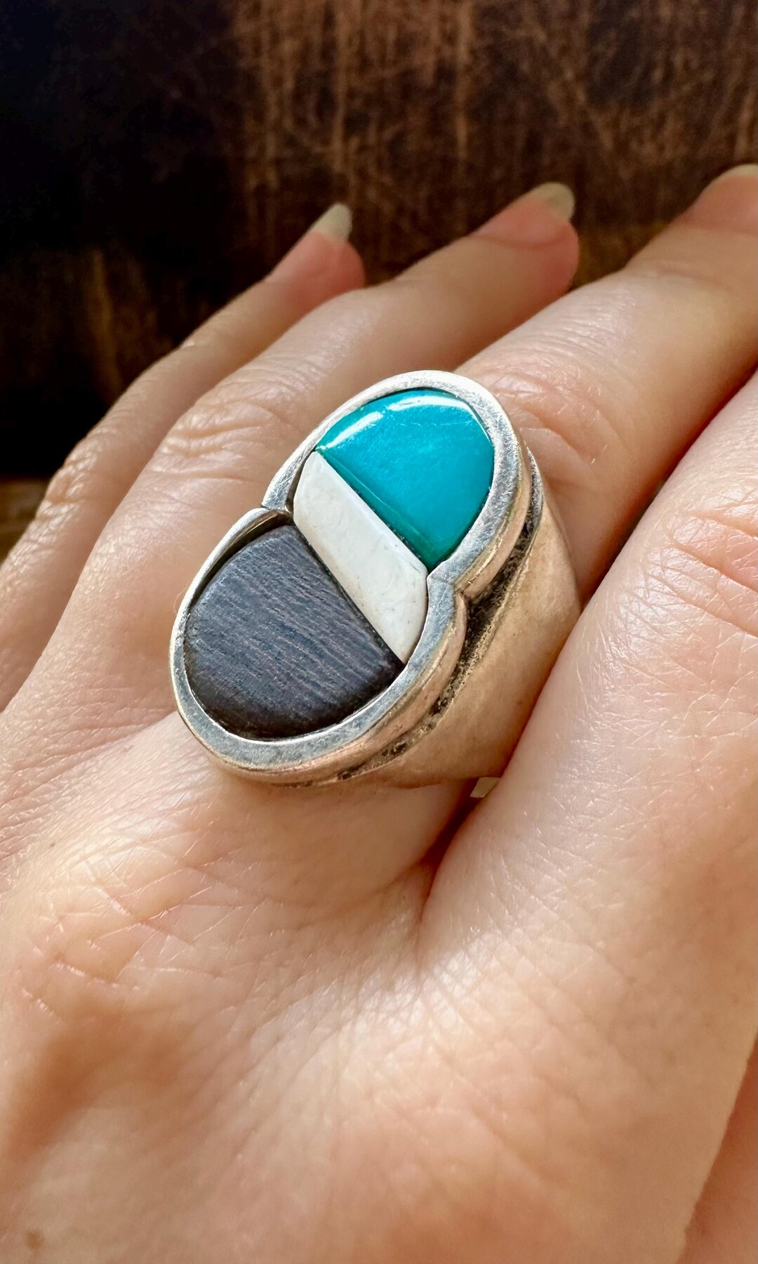 VINTAGE INFINITY Turquoise & Silver Inlay Mens Ring | Wood and Howlite ...