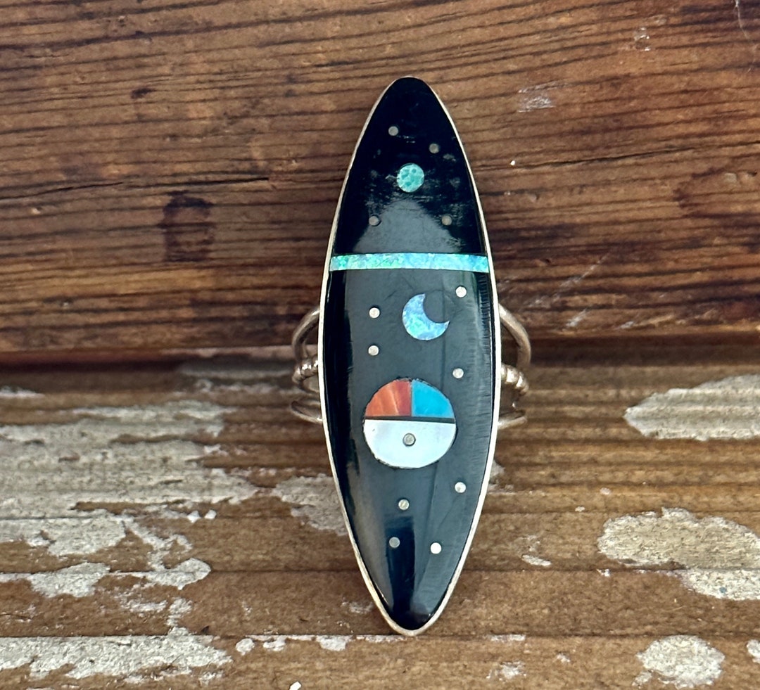 NIGHT SKY Harold H Smith Inlay Celestial Zuni Ring | Native American Southwestern Jewelry ...
