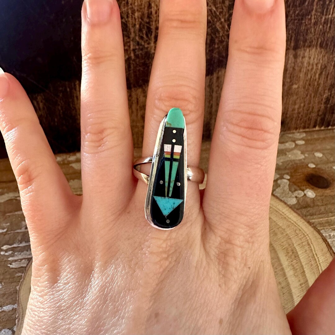 GILBERT SMITH Arrow Night Sky Inlay Ring Native American Navajo Southwestern Silver Turquoise ...