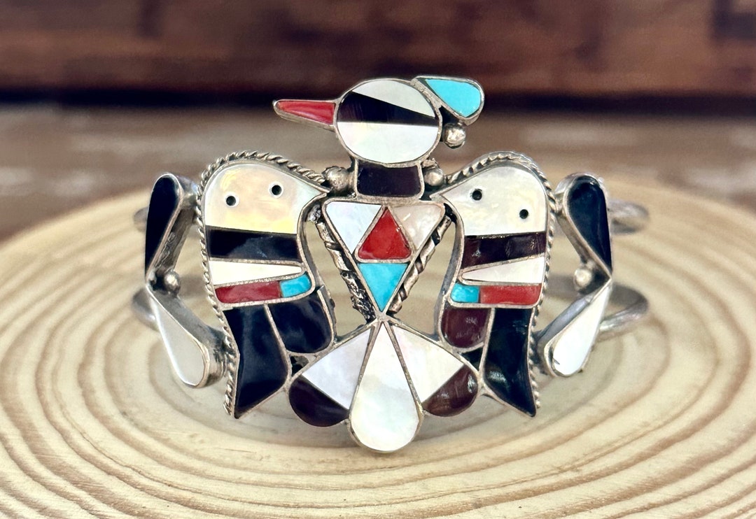B&C SHACK Zuni Thunderbird Inlay Sterling Silver Cuff 22g Pearl, Jet ...
