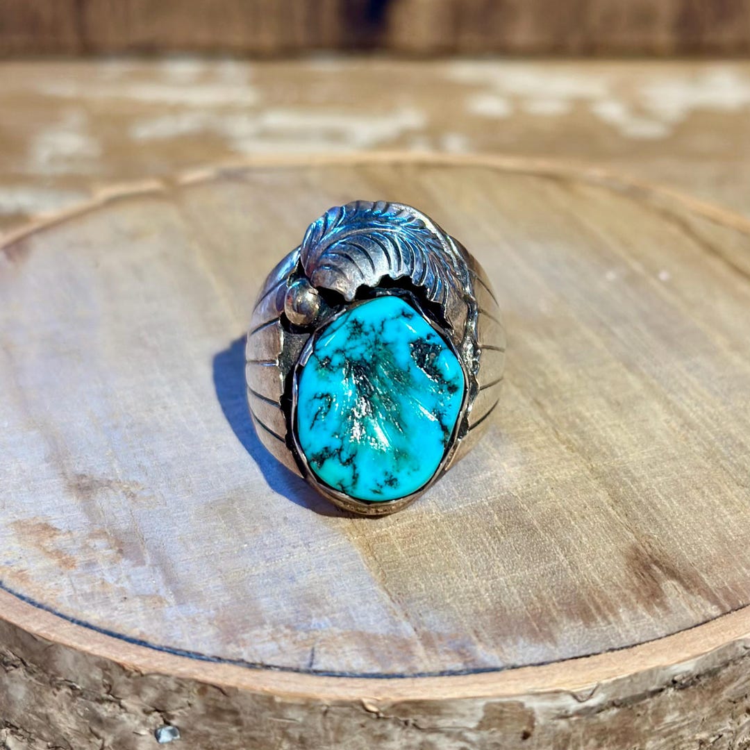 VINTAGE NAVAJO Silver Feather Applique Turquoise Men's Ring | Sterling ...