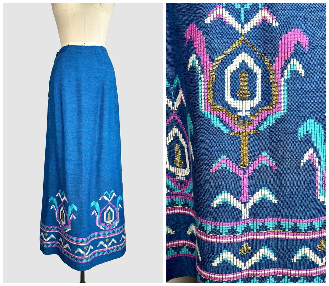 MAMA MIA Vintage 70s Greek Maxi Skirt 1970s Long Blue Skirt Made in ...