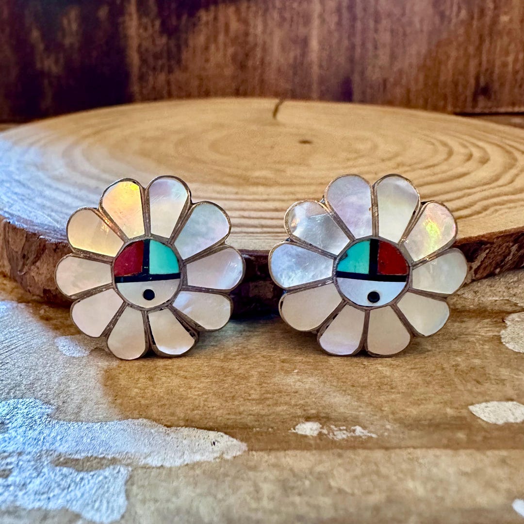 ZUNI SUN FACE Vintage Silver & Mother of Pearl Clip on Earrings ...