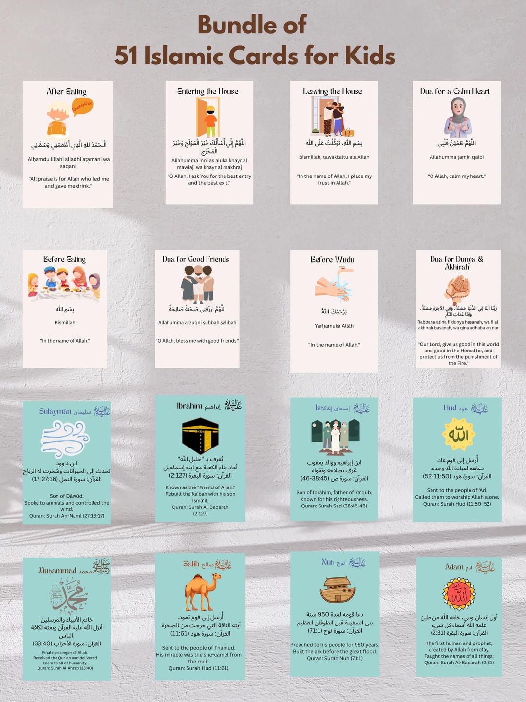 51 Islamic Card Bundle Prophets Names in the Quran Children Dua Book ...