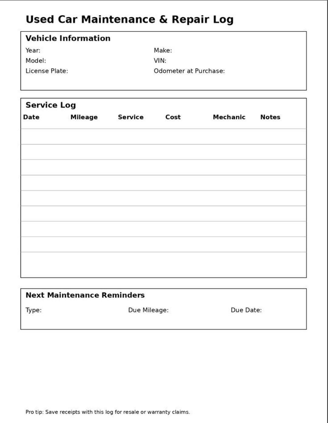 Used Car Maintenance Log | Printable Vehicle Repair Tracker | Auto ...