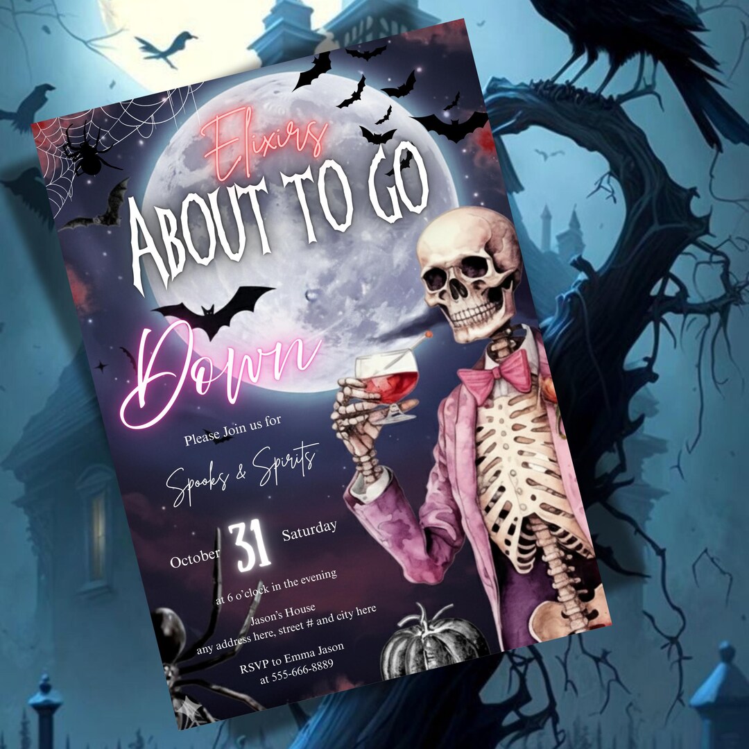 Halloween Sips Skeleton Invitation: Cocktails & Costumes Canva Template ...
