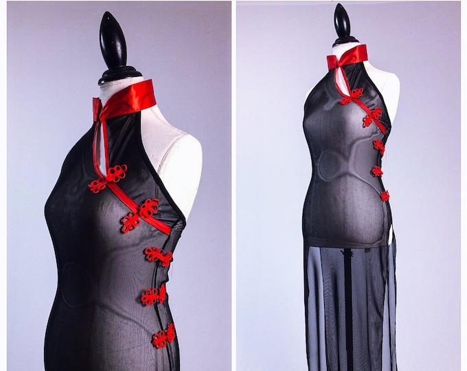 90's Red and Black Cheongsam Sheer Lace Lingerie Side Slit Maxi Dress ...
