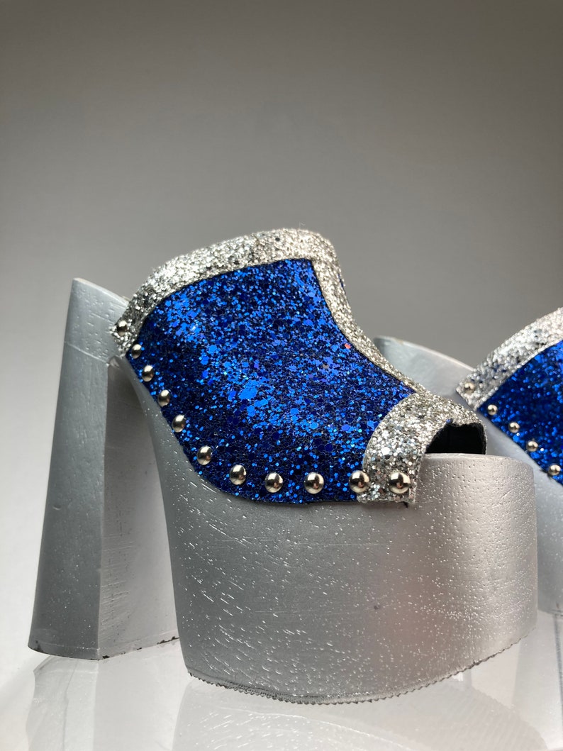 Vintage 90’s Mega Platform Wooden Mule Sandals With Blue and Silver ...