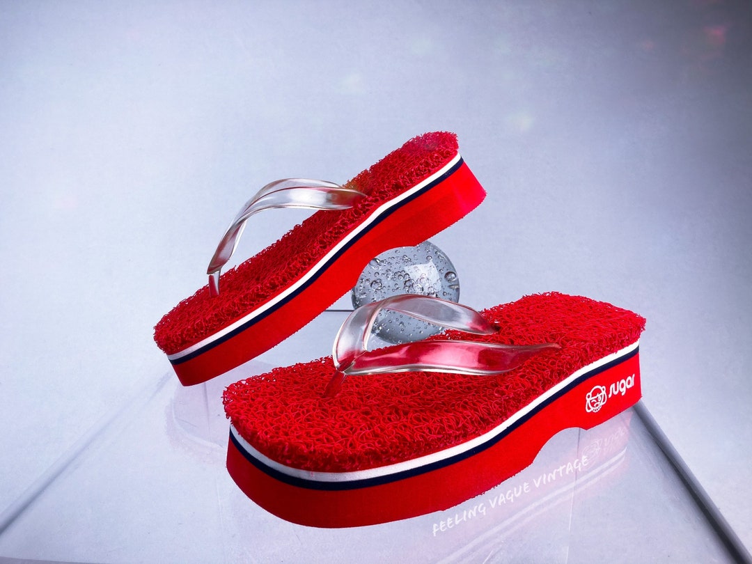 Y2K Sugar Sponge Floatie Mesh RED or BLUE Platform Foam Wedge Flip Flop ...