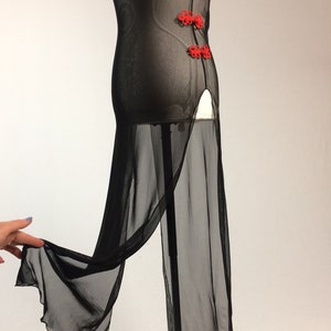 90's Red and Black Cheongsam Sheer Lace Lingerie Side Slit Maxi Dress ...