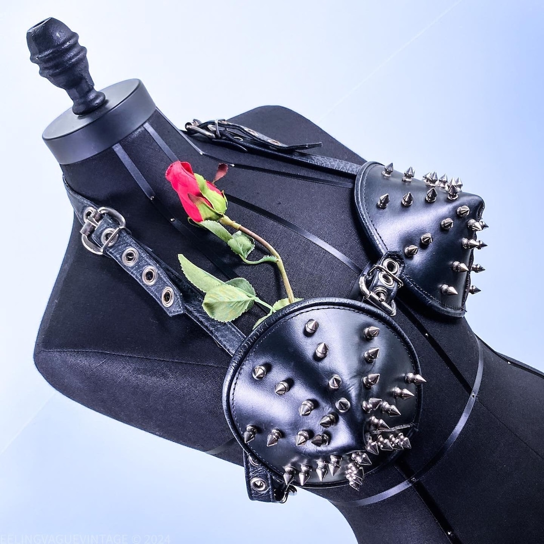 Baddie Biker Babe Vintage 90s Black Leather Spike Cone Bra - Etsy