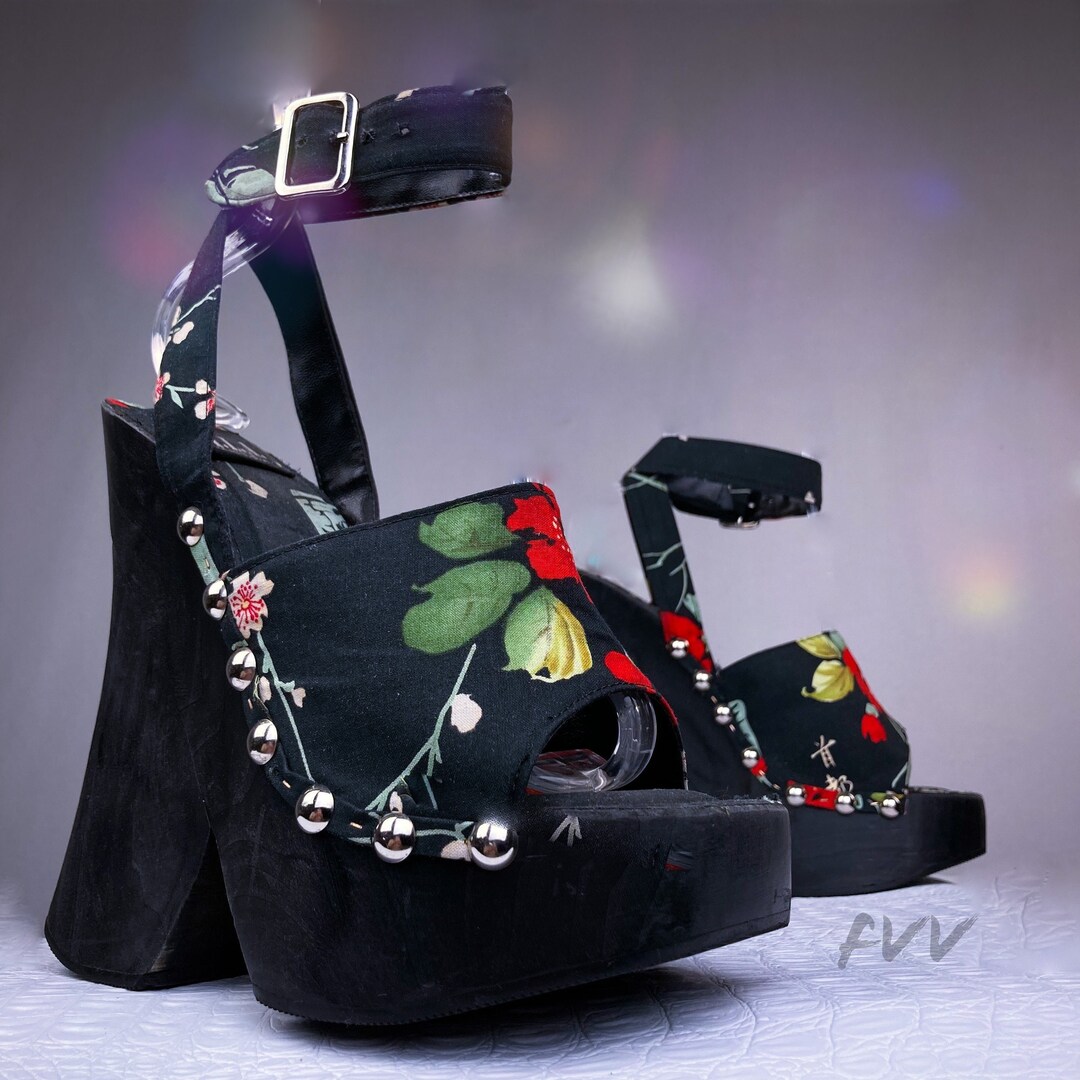 90s Red and Black Blossom Mega Platform Wood and Studded Fabric High ...