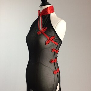 90's Red and Black Cheongsam Sheer Lace Lingerie Side Slit Maxi Dress ...