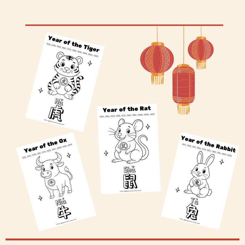 Chinese Zodiac Animals: Lunar New Year Colouring Pages (digital PDF) - Etsy
