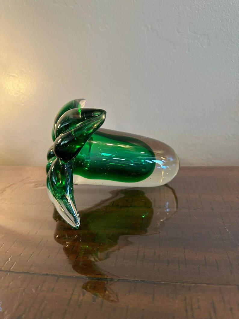Vintage Mid Century Emerald Green Blown Glass Flower Paperweight ...