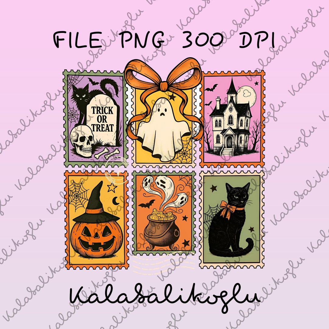 Vintage Halloween Stamp PNG, Retro Ghost Cat Pumpkin Clipart, Haunted ...