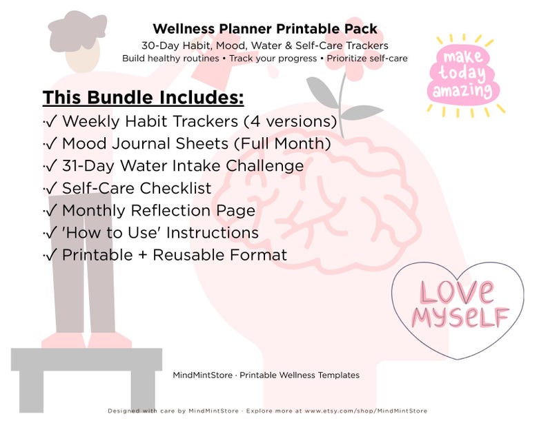 30 Day Wellness Planner Printable Self Care Mood Habit and Water ...