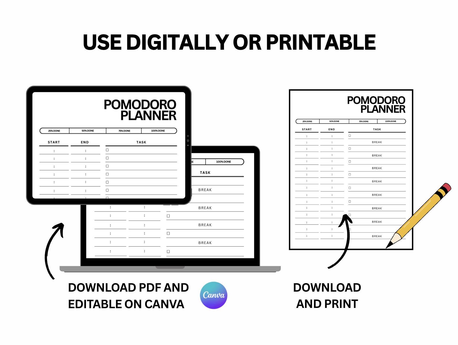 Printable Productivity Timer Log; Pomodoro Technique Planner; Study Log ...