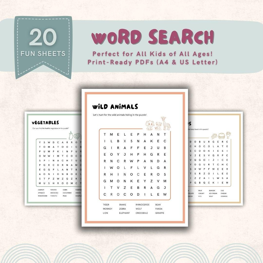 Kids Word Search Printable | 20 Fun and Cute Puzzle Pages | Exciting ...