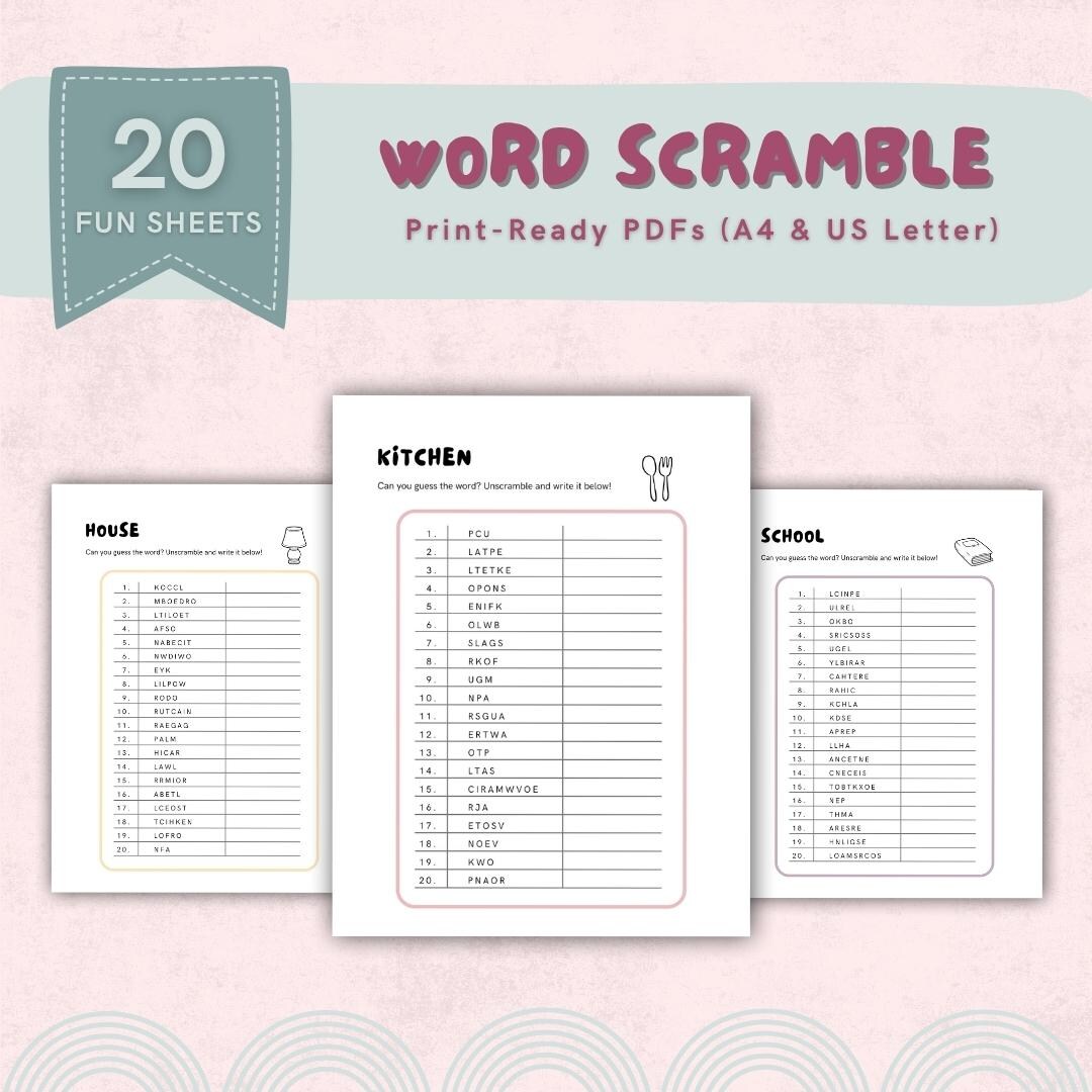 Kids Word Scramble Game | 20 Printable Spelling Worksheets | Early ...