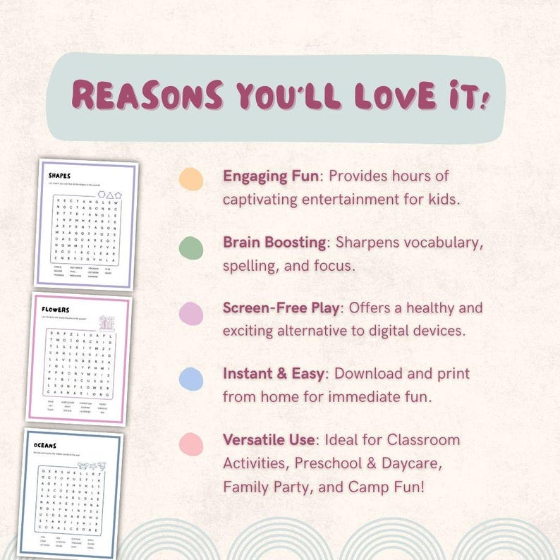 Kids Word Search Printable | 20 Fun and Cute Puzzle Pages | Exciting ...