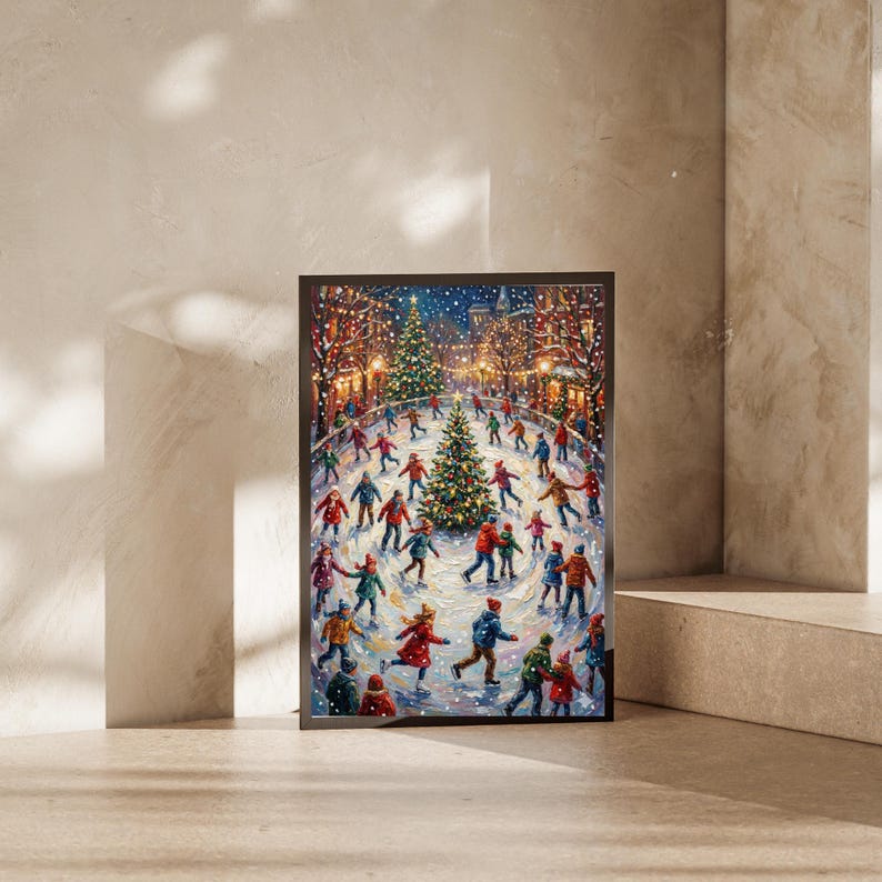 Vintage Christmas Ice Skating Rink Wall Art, Festive Winter Landscape ...