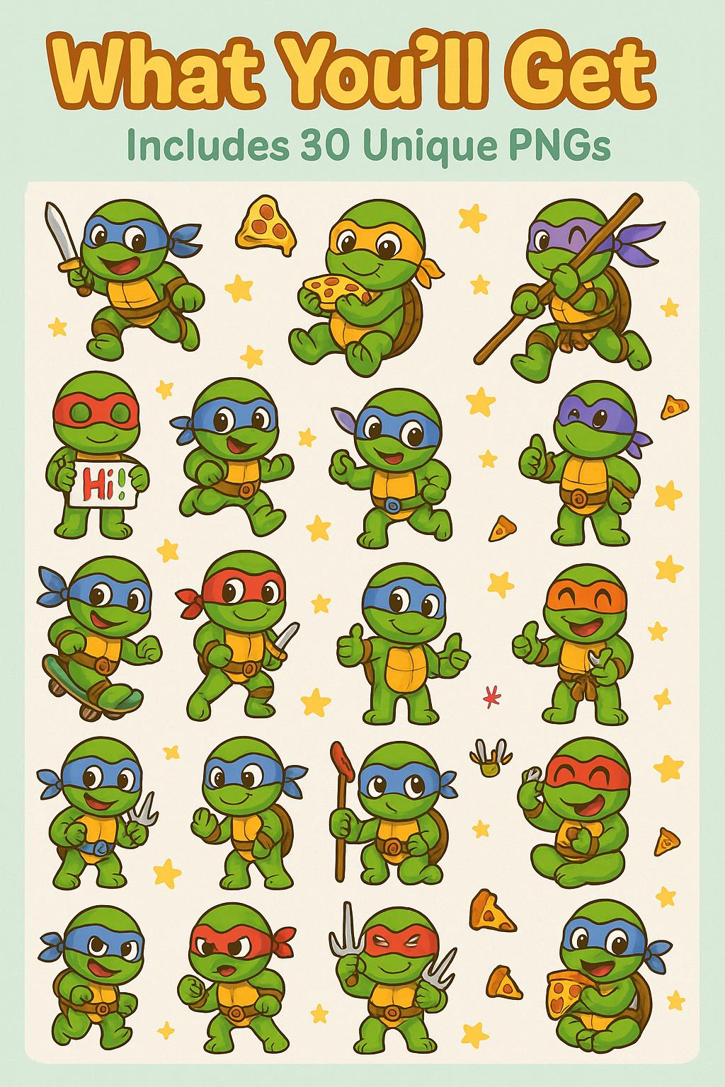 Chibi Ninja Turtle Clipart | 30 PNG Sticker Bundle (instant Download ...