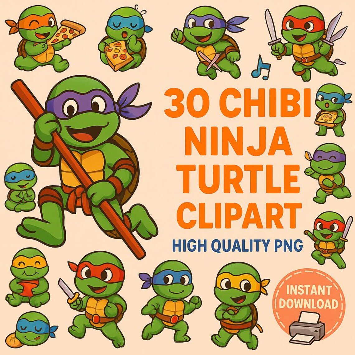 Chibi Ninja Turtle Clipart | 30 PNG Sticker Bundle (instant Download ...