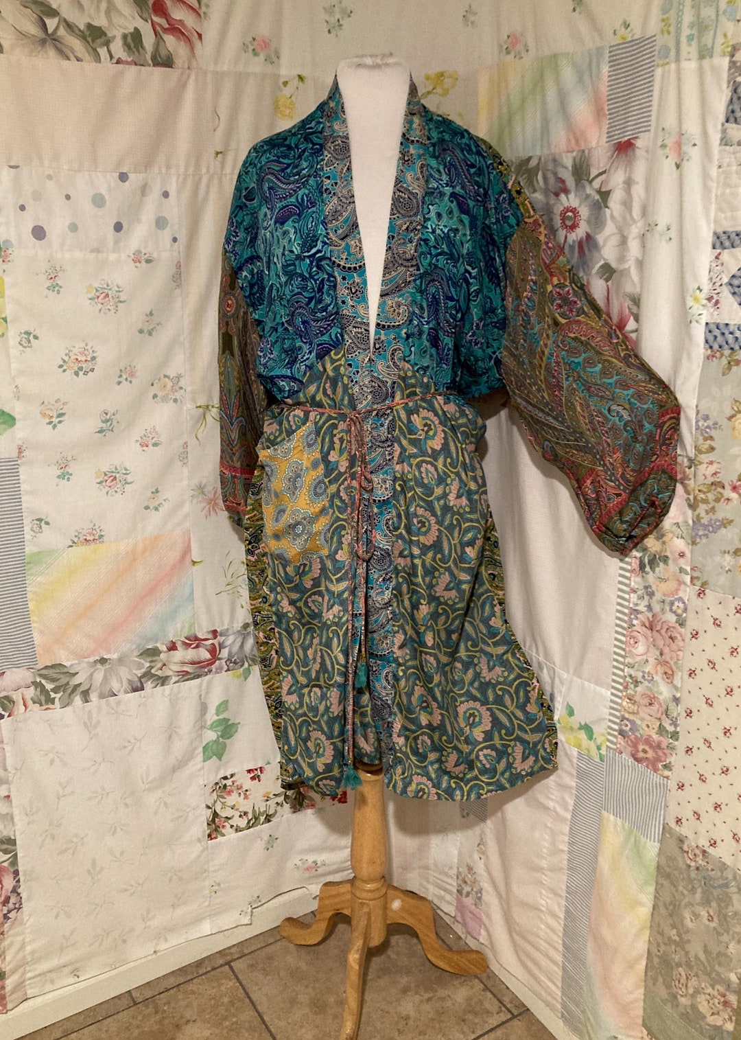 OPEN SIZE, Patchwork Bohemian Colorful Karma Highway Kimono Robe With ...