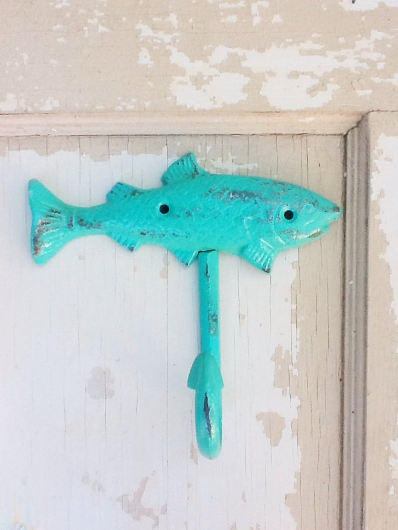 Cast Iron Fish Hook in Ocean Teal-nautical Decor nautical - Etsy