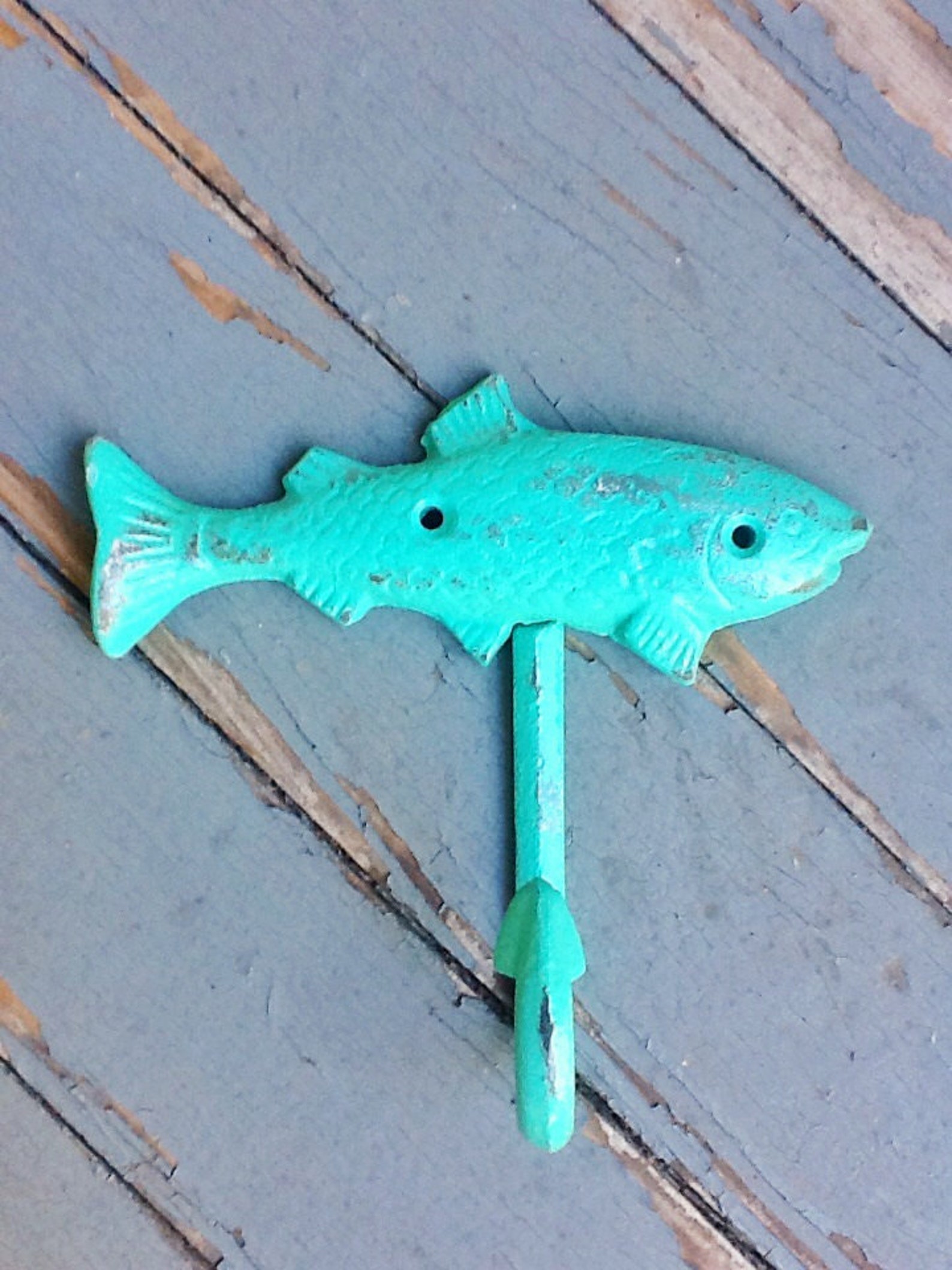 Cast Iron Fish Hook in Ocean Teal-nautical Decor nautical - Etsy