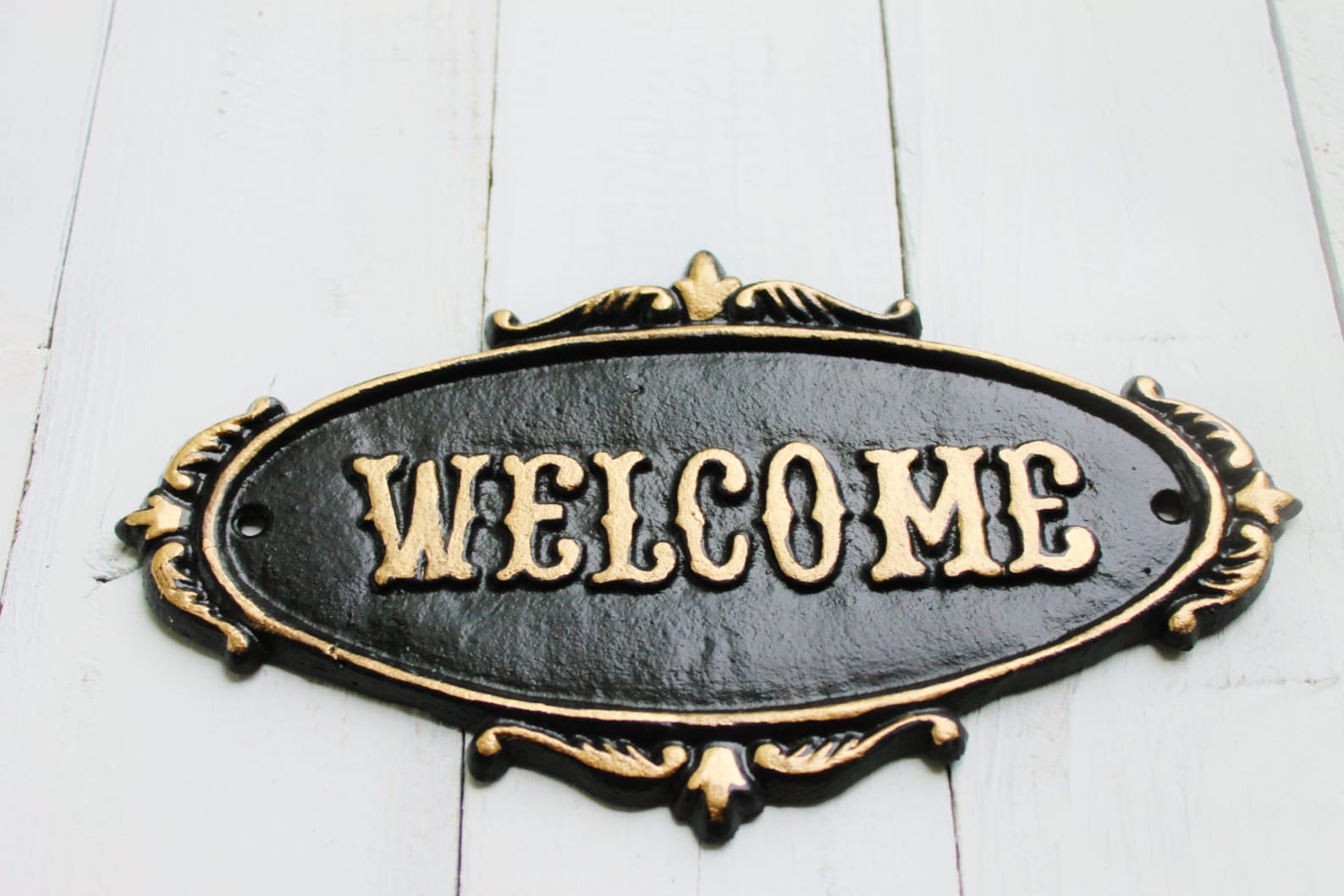 Jet Black WELCOME Sign Plaque-rustic Cast Iron Old Fashioned-front Door ...