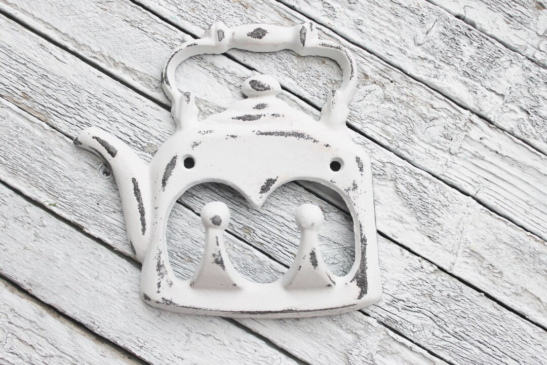 Metal Cast Iron Shabby White Tea Pot Hook- Kettle Apron Towel Coat Wall ...
