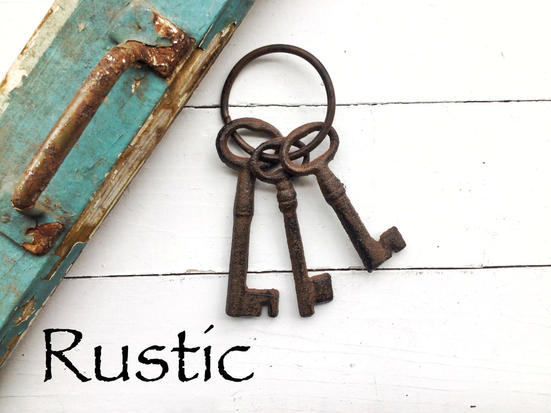 3 Cast Iron Skeleton Keys on Key Ring -in Espresso Brown -home Decor ...
