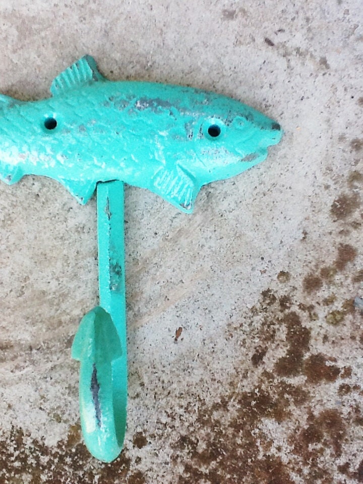 Cast Iron Fish Hook in Ocean Teal-nautical Decor nautical - Etsy