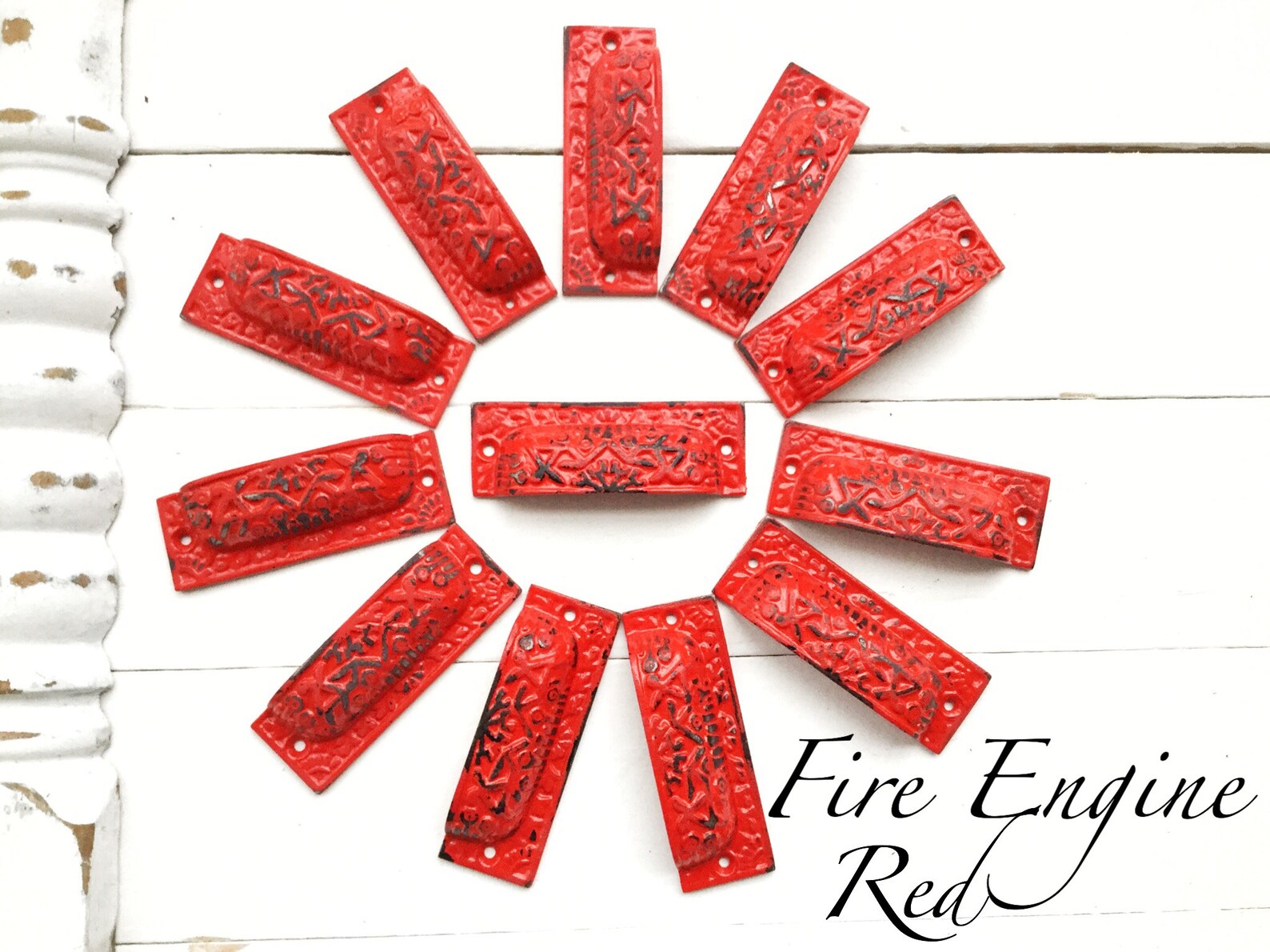 Fire Engine Red Embossed Pulls, Pulls, Distressed Metal , Rustic ...