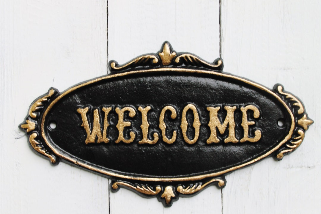 Jet Black WELCOME Sign Plaque-rustic Cast Iron - Old Fashioned-front ...