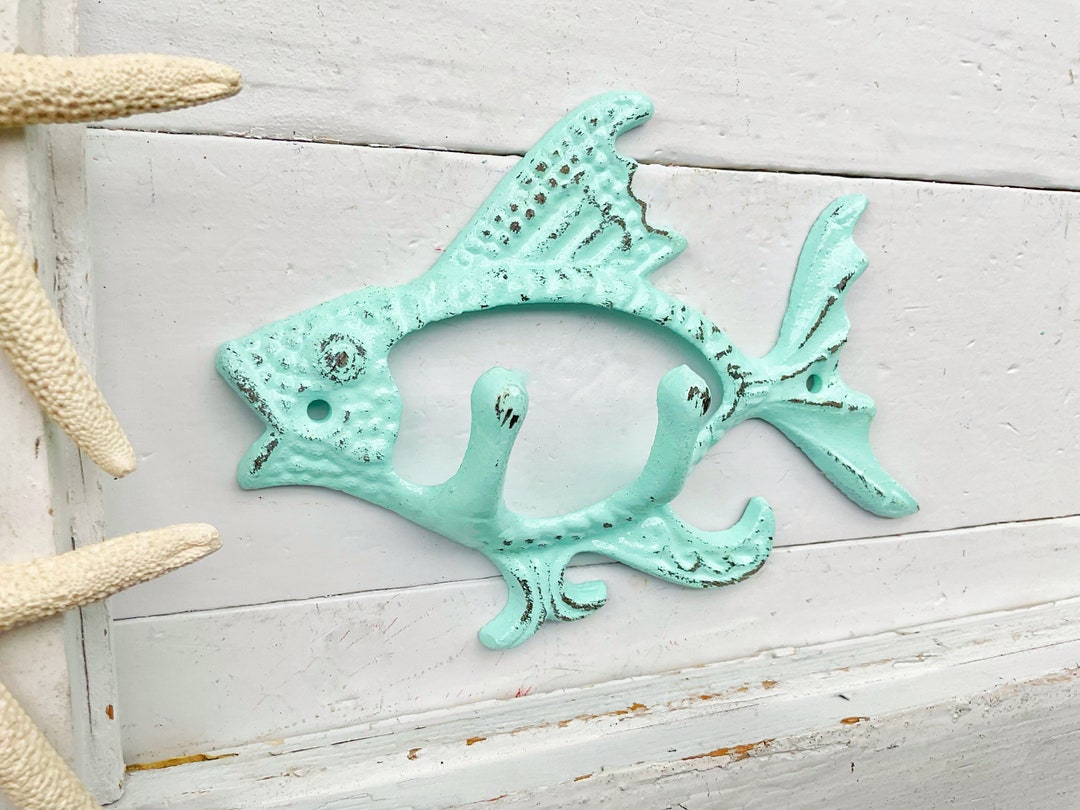 One Cast Iron Sea Fish Hook , Coastal Beach Bathroom , Nautical, Towel ...