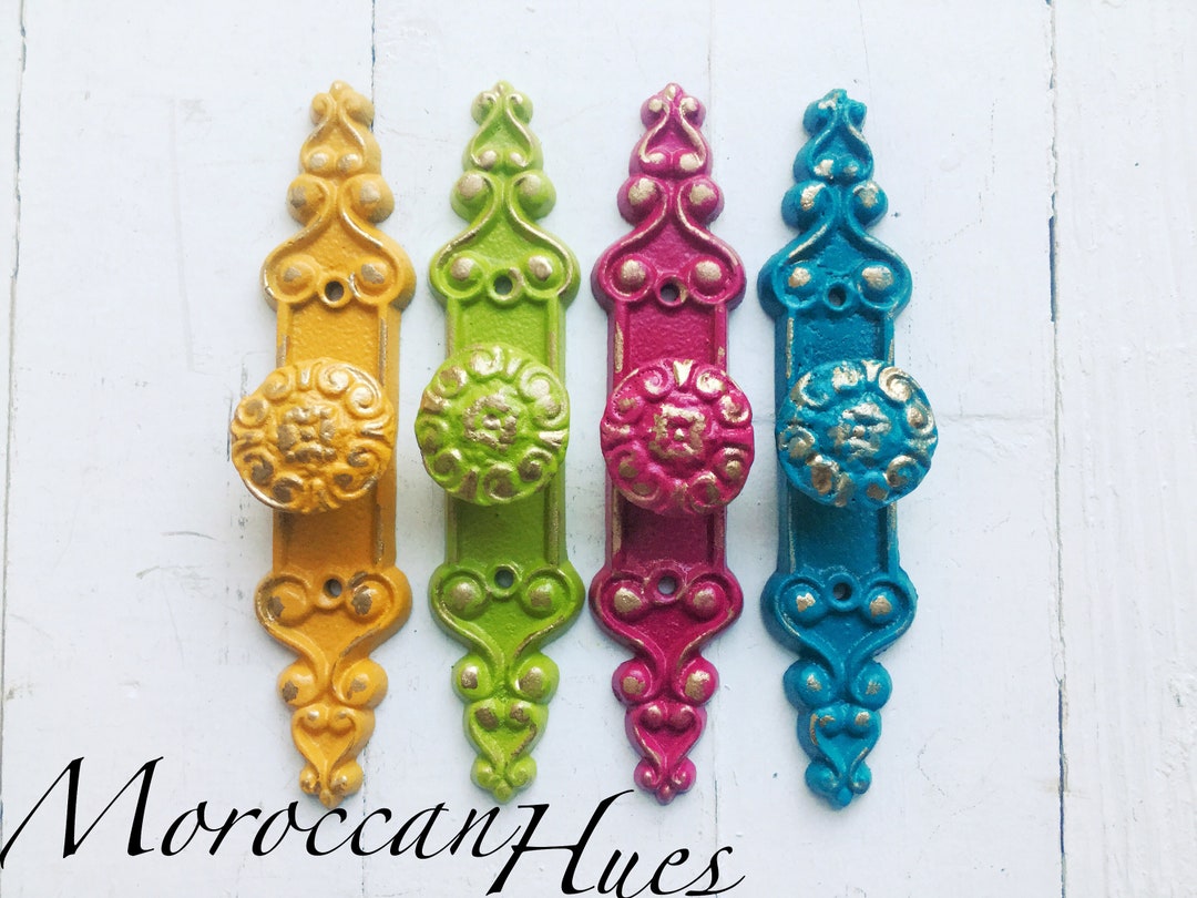 ONE Blue Moroccan Bohemian , Drawer Pull , Bright Color, Gilded Gold ...