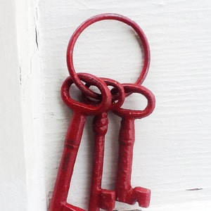 Country Red Vintage Shabby Chic -3 Cast Iron Skeleton Keys on Key Ring ...