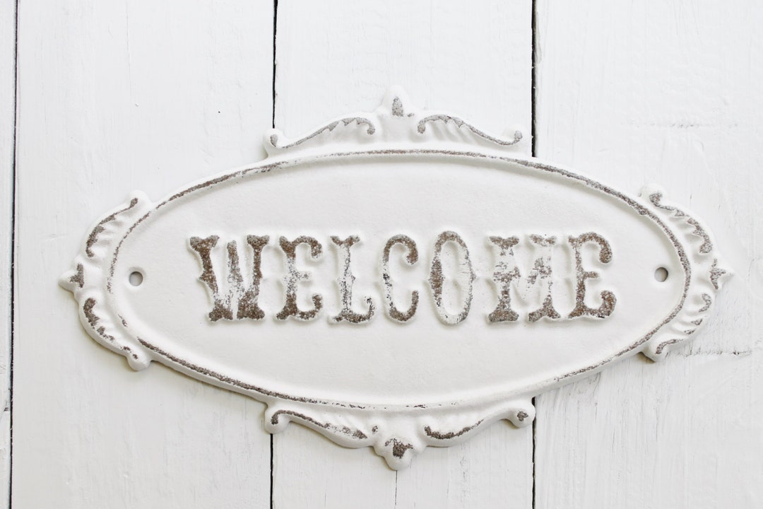 White WELCOME Sign Plaque-rustic Cast Iron - Old Fashioned-french ...
