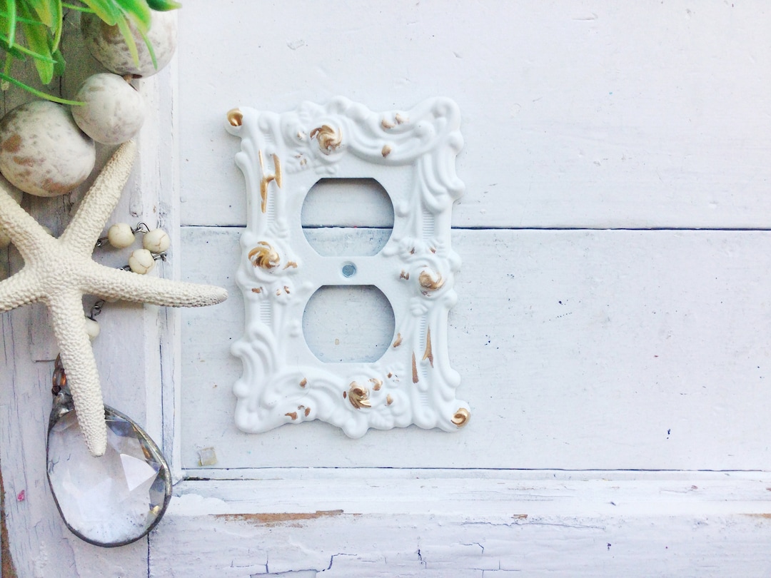 Distressed Metal Wall Decor-plate Cover-in White Shabby Chic-double ...