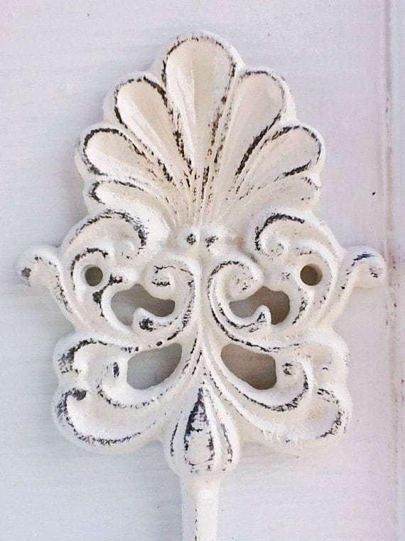 Old World creamy White Wall Hook scroll Seashell cast Iron french Country bath Hook distressed vintage beach Decor spring Home Decor Etsy UK