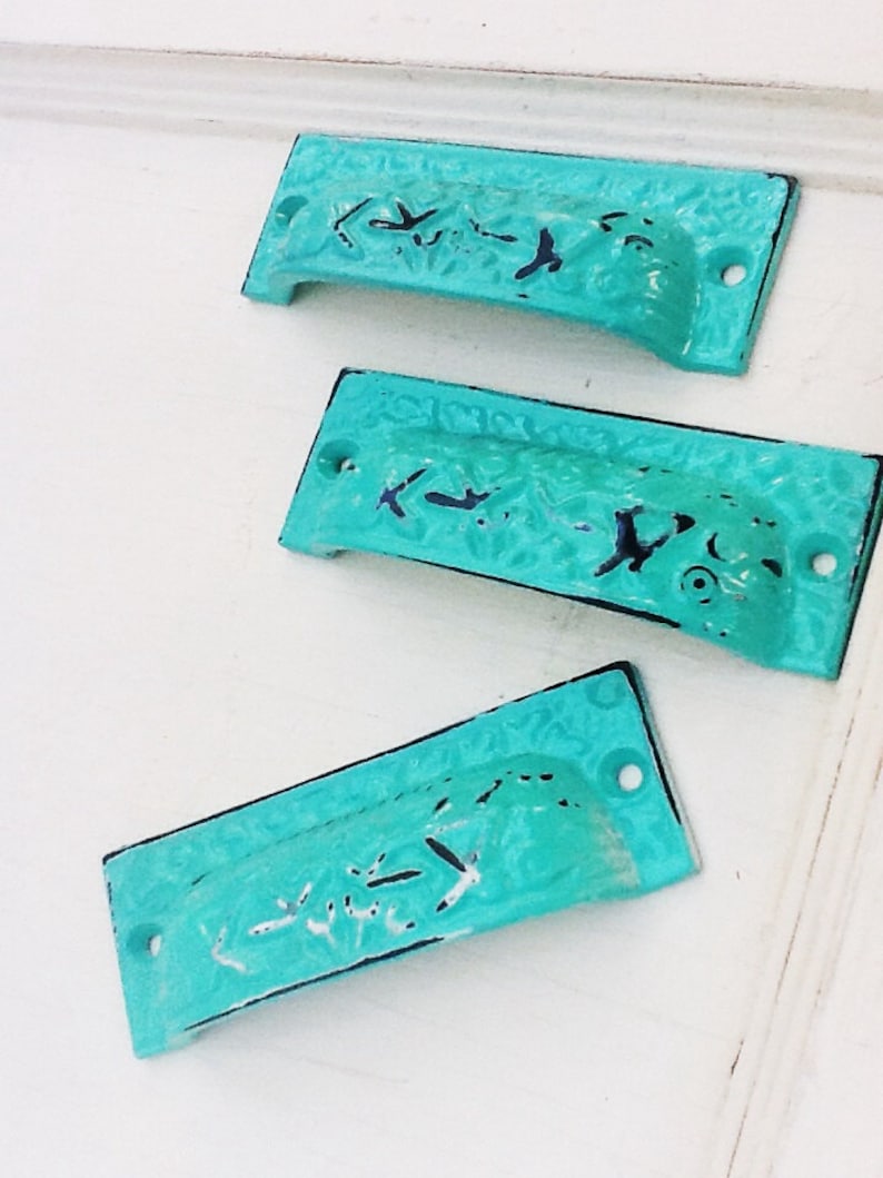 Rustic Cast Iron Distressed Cup Handle Drawer Pull Seaglass, Ocean Teal ...