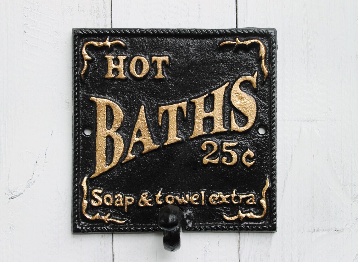 Jet Black Bathroom Hot Bath Hook-cast Iron Sign-metal Wall - Etsy