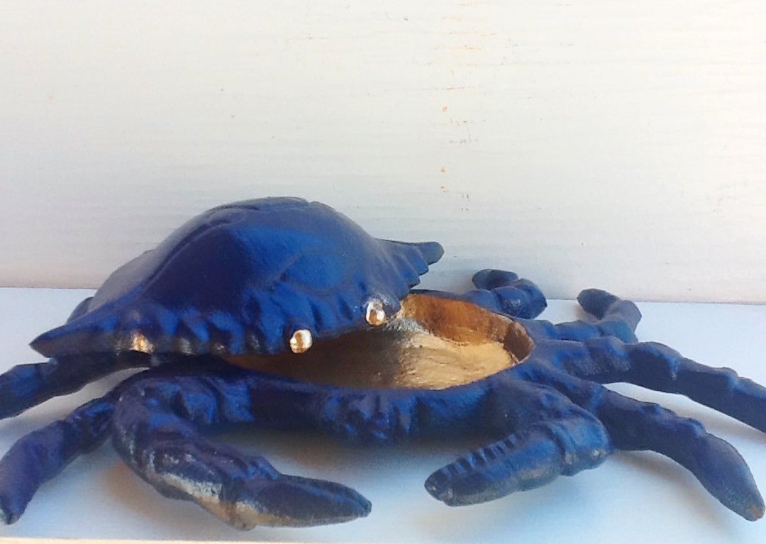 Cast Iron Crab Key Hider Holder-nautical Blue Gold-garden Decor-boys ...