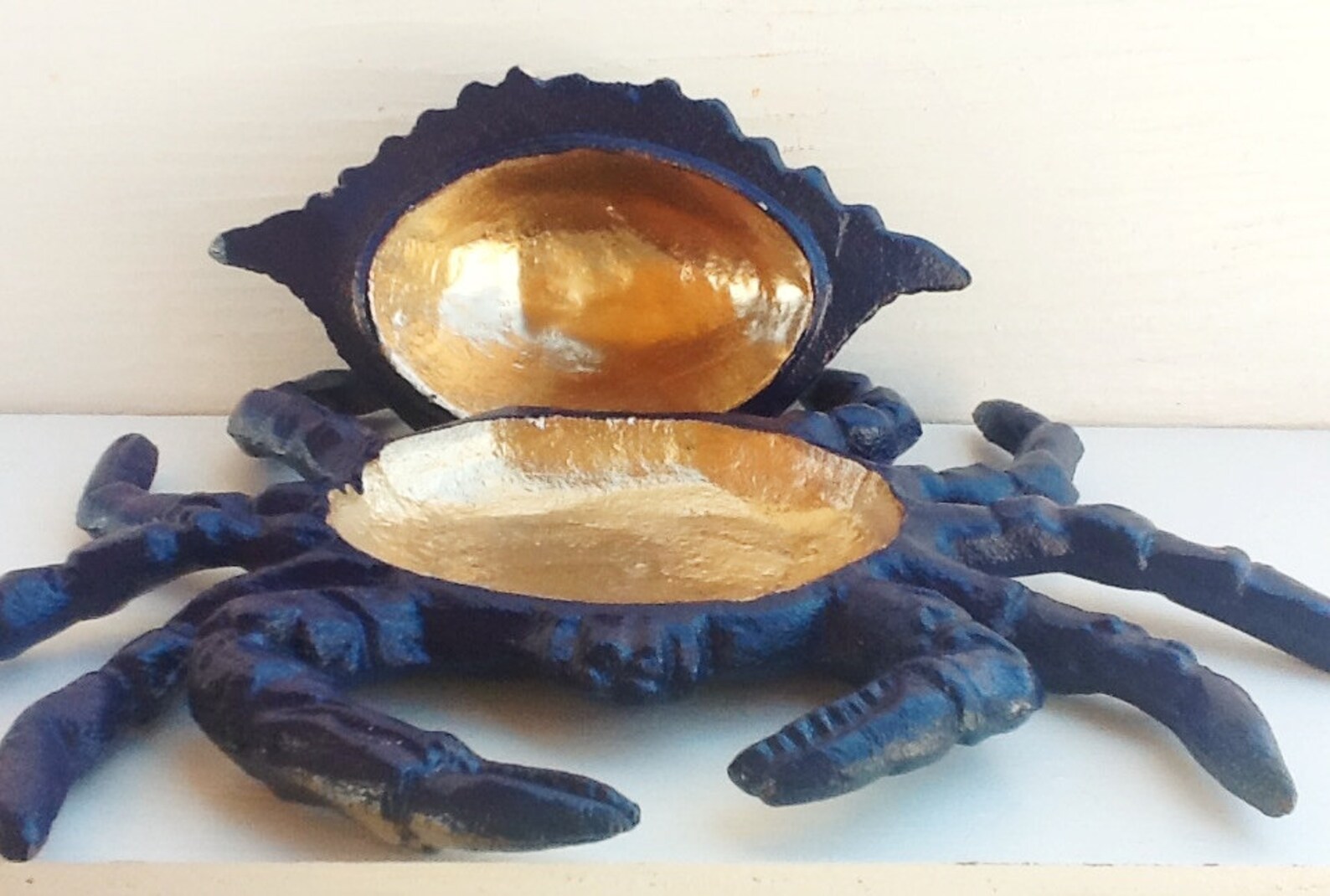 Cast Iron Crab Key Hider Holder-nautical Blue Gold-garden - Etsy